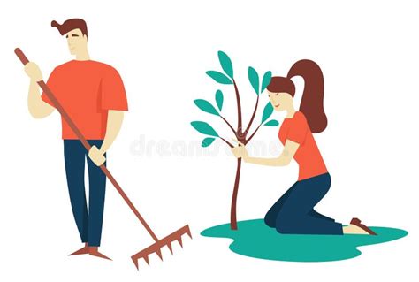 Man And Woman Planting Tree Gardening And Growing Hobby Stock Vector Illustration Of Natural