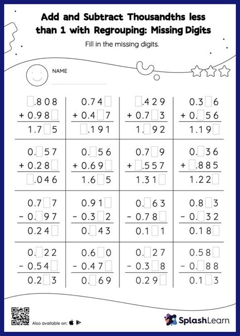 Add And Subtract Thousandths Less Than 1 With Regrouping Missing Digits Math Worksheets