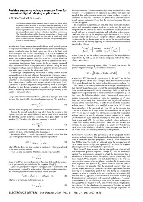 Pdf Positive Sequence Voltage Memory Filter For Numerical Digital