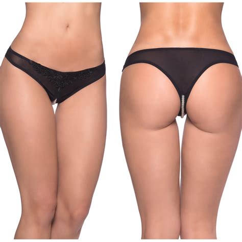 Crotchless Thong W Pearls Black O S