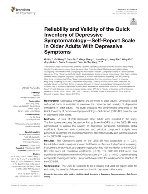 Pdf Reliability And Validity Of The Quick Inventory Of Depressive Symptomatology—self Report