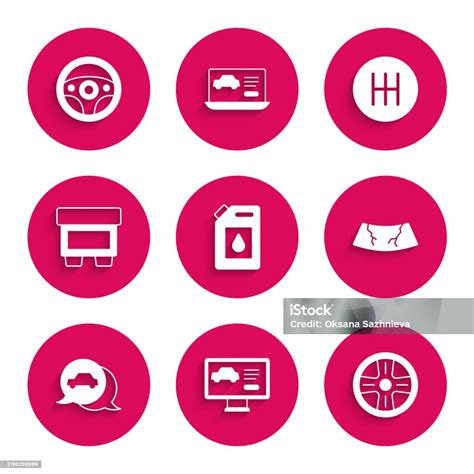 모터 오일용 캐니스터 자동차의 진단 상태 알로이 휠 깨진 앞유리 자동차 서비스 퓨즈 기어 시프터 및 스티어링 아이콘을 설정합니다 벡터 교통수단에 대한 스톡 벡터 아트 및