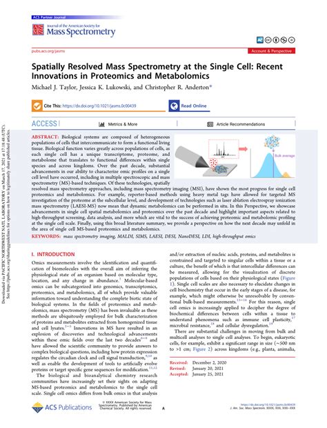 Pdf Spatially Resolved Mass Spectrometry At The Single Cell Recent Innovations In Proteomics