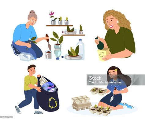 제로 웨이스트 개념 지구의 날 플라스틱 병 계란 용기를 업사이클링하고 묘목 식물 꽃을 심기 위해 항아리를 사용했습니다 청소 Litterrecycling 재사용 폐기물 감소