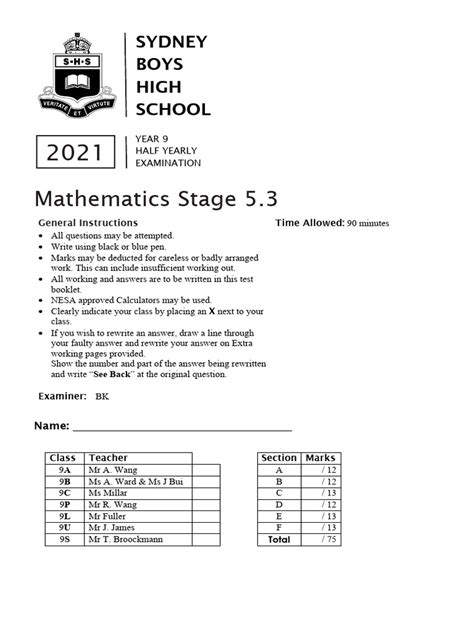 sbhs 2021 y9 hy pdf mathematics science