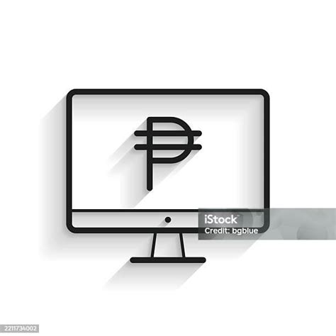 페소 기호가 있는 데스크탑 컴퓨터 흰색 배경에 긴 그림자가 있는 선 아이콘 0명에 대한 스톡 벡터 아트 및 기타 이미지 0명