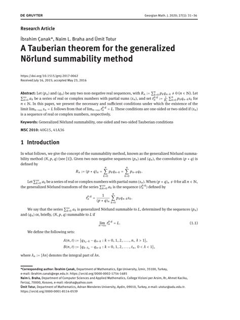 Pdf A Tauberian Theorem For The Generalized Nörlund Summability Method