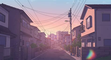 A Serene Lofi Anime Manga Street Scene At Sunset With Rainbow Lens