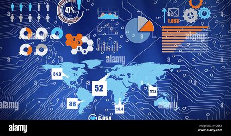 Composition Of Digital Icons Over World Map And Computer Circuit Board On Blue Background