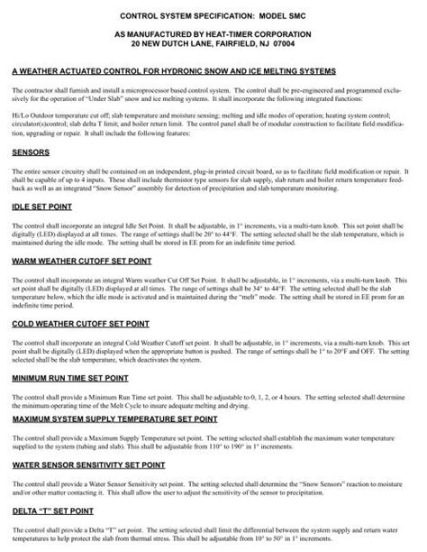 Control System Specification Model Smc As Manufactured By Heat