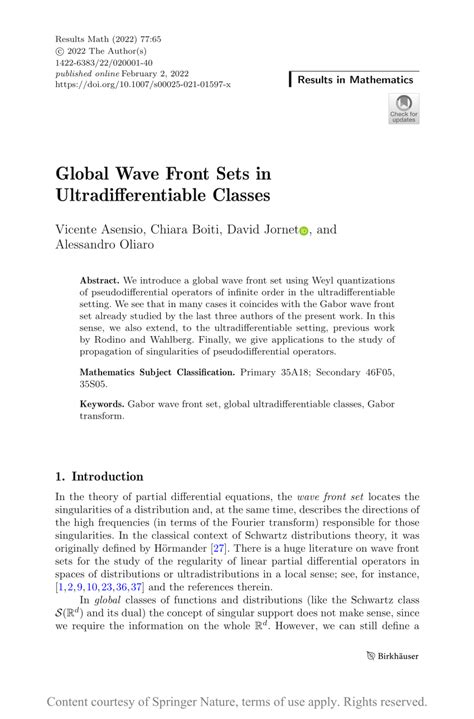 Pdf Global Wave Front Sets In Ultradifferentiable Classes