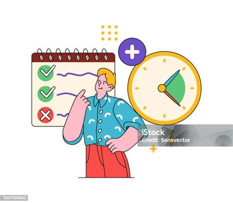 작업 효율성 및 생산성 도구 벡터 플랫 만화 캐릭터 약속 및 회의 일정이 있는 직원 남자 프로젝트 완료 마감일을 보여주는 시계 가공의 인물에 대한 스톡 벡터 아트 및 기타