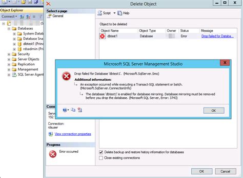 Why Is An Error Reported When I Attempt To Delete A Database From RDS SQL Server Primary Standby