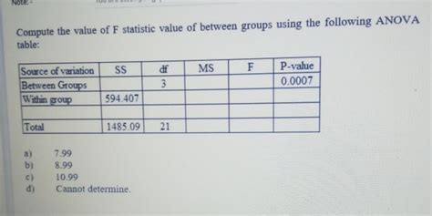 solved note compute the value of f statistic value of