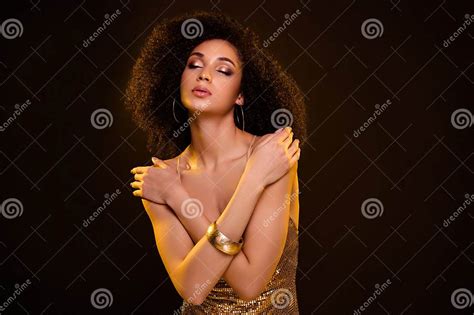 Portrait Of Lovely Beautiful Girl Hug Self Sensual Skin Dressed Trendy