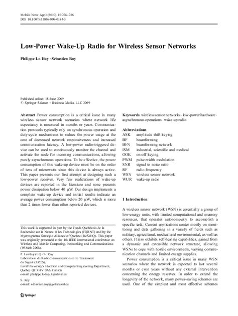 pdf low power wake up radio for wireless sensor networks
