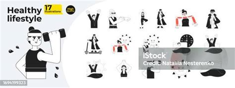 건강한 라이프스타일 흑백 개념 벡터 스팟 일러스트레이션 번들 남자에 대한 스톡 벡터 아트 및 기타 이미지 남자 여자 외형선 Istock