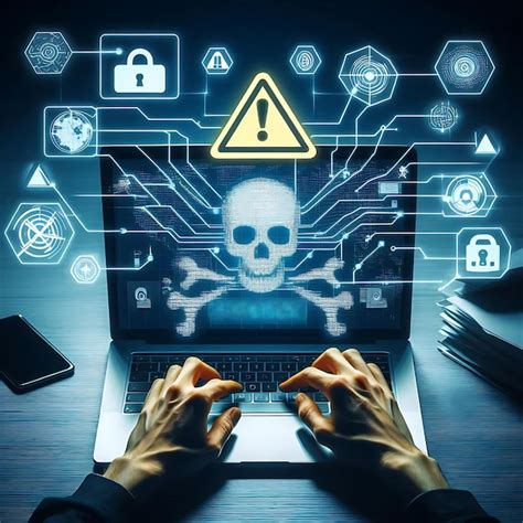 System Hacked Warning Alert Person Use Laptop With Virtual Warning Sign For Cyber Attack