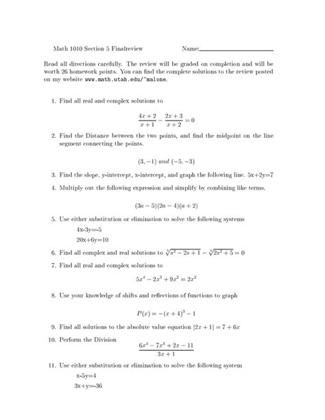 Math 1010 Final Review Equations Systems Polynomials