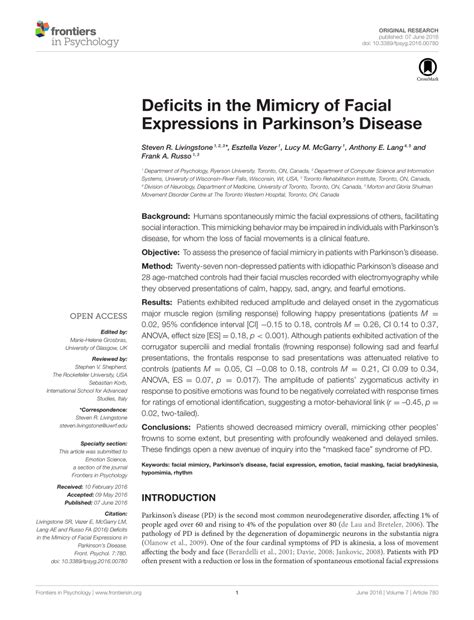 Pdf Deficits In The Mimicry Of Facial Expressions In Parkinsons Disease