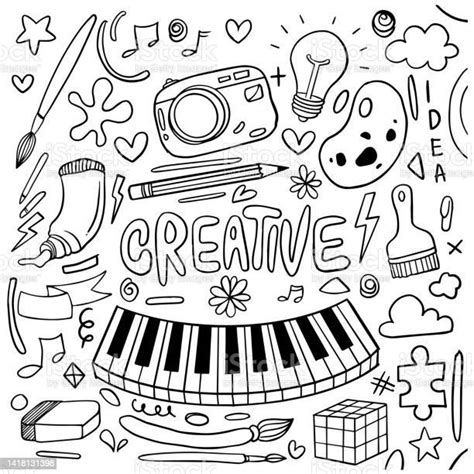 흰색 배경에 고립 된 낙서 스타일로 창의력을 손으로 그린 벡터 손으로 그린 창의력 테마 벡터 일러스트 레이 션 공예에 대한 스톡 벡터 아트 및 기타 이미지 Istock