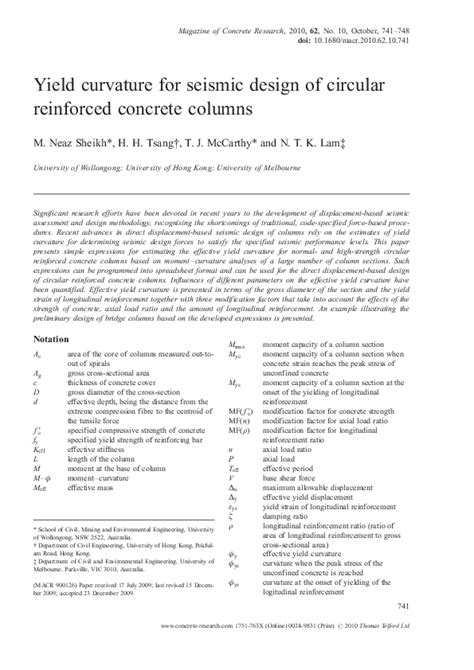 Pdf Yield Curvature For Seismic Design Of Circular Reinforced Concrete Columns