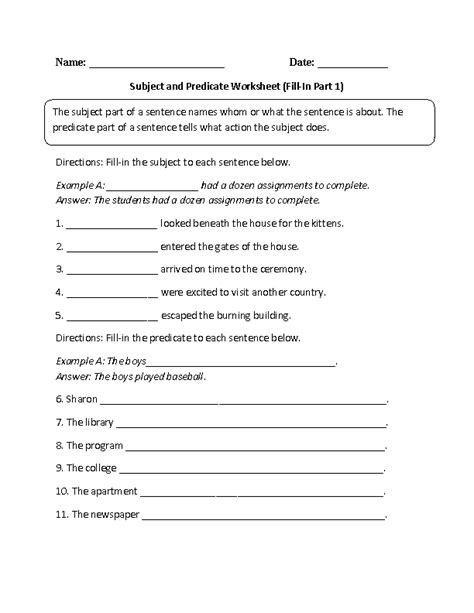 Subject And Predicate Worksheets
