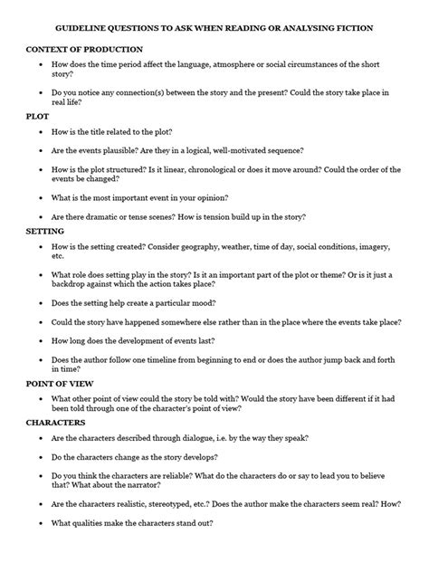 Guideline Questions To Ask When Reading Or Analysing Fiction Pdf