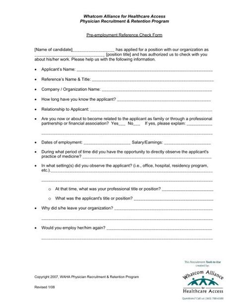 Pre Employment Reference Check Form Whatcom Alliance For