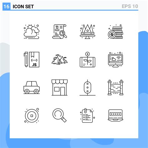 Set Of 16 Commercial Outlines Pack For Cloud Money Crown Dollar Coin Editable Vector Design