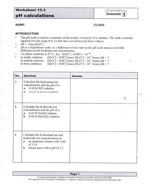 Simple Ph Calculation Worksheet Pdf