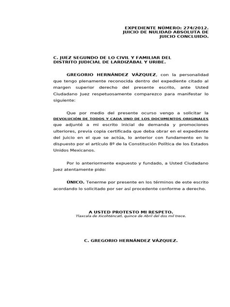Solicitud Devolución Documentos Judiciales Pdf