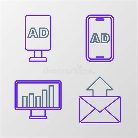 Set Line Mail And E Mail Monitor With Graph Chart Advertising And Target Icon Vector Stock