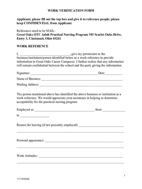 Fillable Online Work Verification For Practical Nursing Program Fax