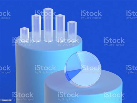 3d는 파란색 배경에 투명한 막대형 차트와 원형 차트를 렌더링했습니다 비즈니스 성공 또는 결과 발표를 위한 일러스트레이션 시장