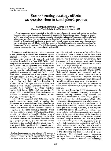 Pdf Sex And Coding Strategy Effects On Reaction Time To Hemispheric