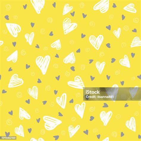 트렌디 한 색상의 손으로 그리는 하트와 매끄러운 로맨틱 한 패턴 조명 노란색 배경 궁극적 인 회색과 흰색 색상 마음 벡터 귀여운 일러스트 0명에 대한 스톡 벡터 아트 및