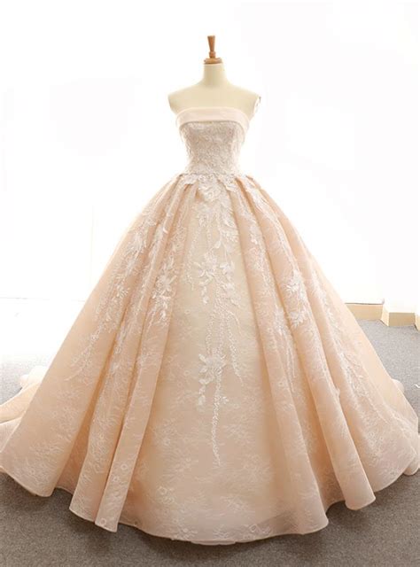 Champagne Ball Gown Strapless Lace Floor Length Wedding Dress Ball