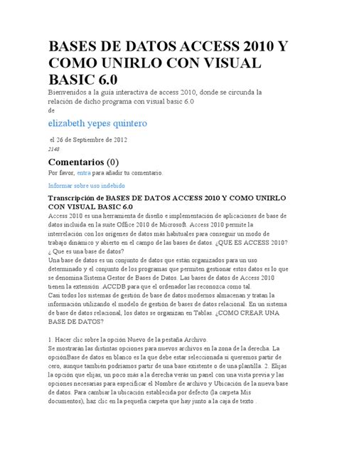 Bases De Datos Access 2010 Y Como Unirlo Con Visual Basic 6 Pdf Bases De Datos Active X