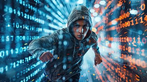 Premium Photo A Young Man In A Hoodie Running In A Tunnel Of Glowing Binary Code Hacking