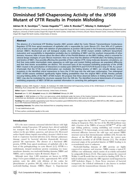 Pdf Diminished Self Chaperoning Activity Of The Δf508 Mutant Of Cftr Results In Protein Misfolding