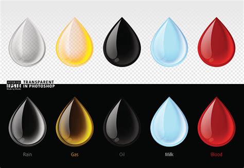 유리 물 비 가스 맥주 기름 우유 혈액 방울의 벡터 일러스트 이미지 세트 유리잔에 대한 스톡 벡터 아트 및 기타 이미지 유리잔 피 방울 Istock