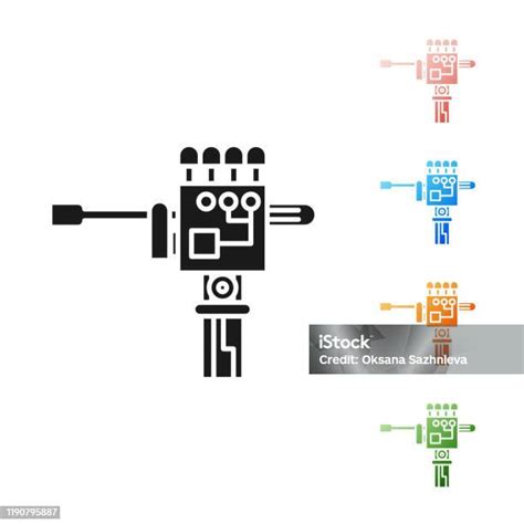 흰색 배경에 격리 된 검은 색 기계 로봇 손과 드라이버 도구 아이콘 로봇 팔 기호입니다 기술 개념 다채로운 아이콘을 설정합니다 벡터 일러스트레이션 개념에 대한 스톡 벡터