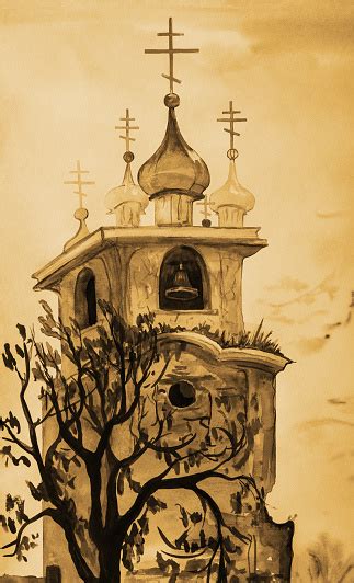 아트의 세련 된 일러스트 현대 작품에 수채화 세피아 종이 인상파 수직 건축 역사적 풍경 나무와 G의 푸른 하늘에 대 한 마을에서 우크라이나어 바로크 정교회의 기념물 수채화에