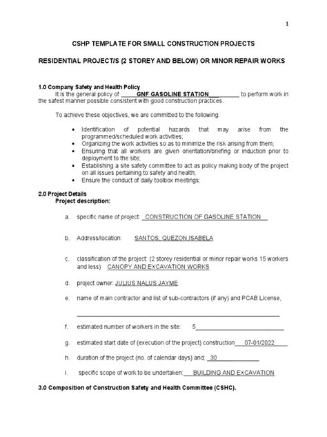 Cshp Template For Small Construction Projects Residential Project S 2 Storey And Below Or