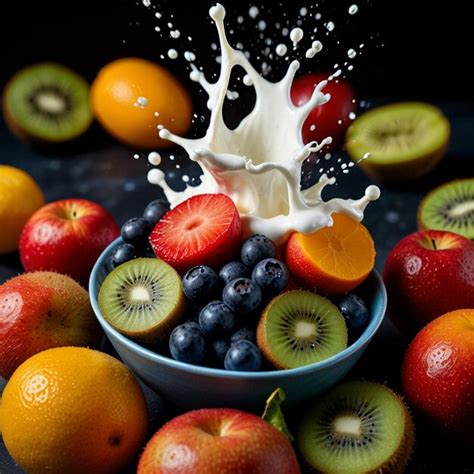 Photography Image Featuring Explosion Of Various Fruits And Yogurt