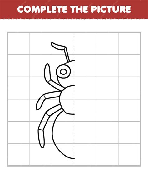 어린이를 위한 교육 게임은 인쇄 가능한 버그 워크시트를 그리기 위한 귀여운 만화 개미 반쪽 윤곽의 그림을 완성합니다 프리미엄 벡터