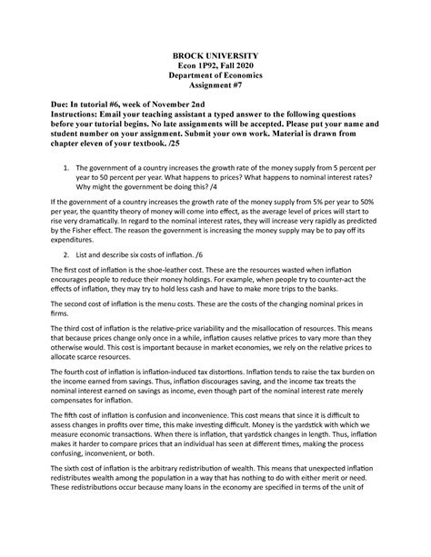 econ assignment 7 econ brock university econ 1p92 fall 2020
