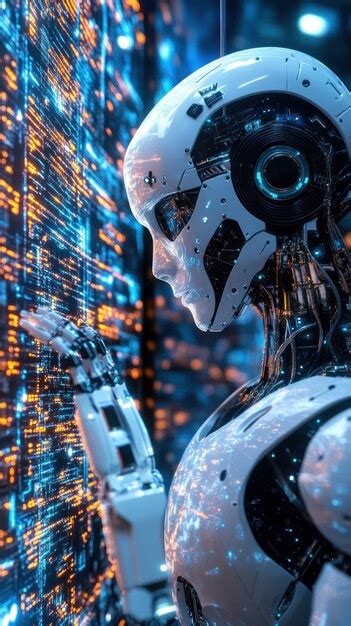 A Humanoid Robot Examines A Digital Display Of Binary Code Premium Ai