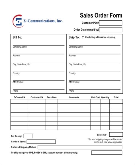 Sales Order Template Word